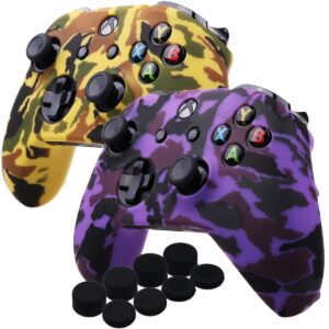 yorha water transfer printing camouflage silicone cover skin case for microsoft xbox one x & xbox one s controller x 2(orange&purple) with pro thumb grips x 8