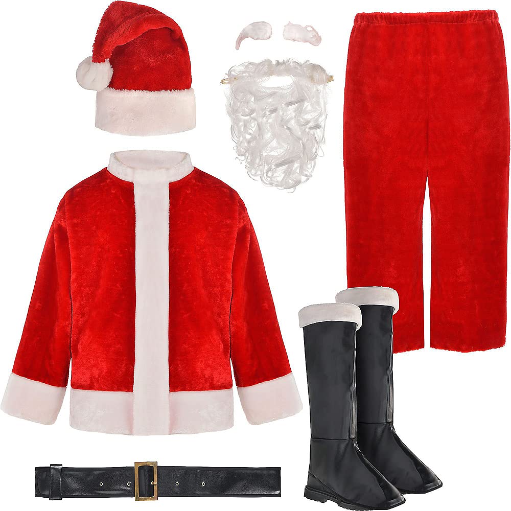 Bright Red Plush Santa Suit (3XL Up to 58" Chest) 1 Set - Includes Jacket, Hat, Belt, Pants, Boot Covers, Wig, & Beard - Festive & Cozy Holiday Outfit, Ideal for Christmas Parties & Events