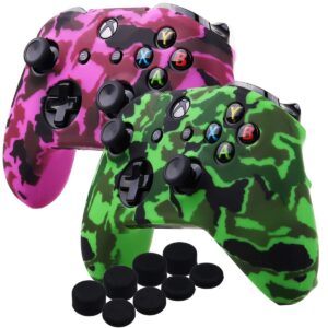 yorha water transfer printing camouflage silicone cover skin case for microsoft xbox one x & xbox one s controller x 2(green&dark pink) with pro thumb grips x 8