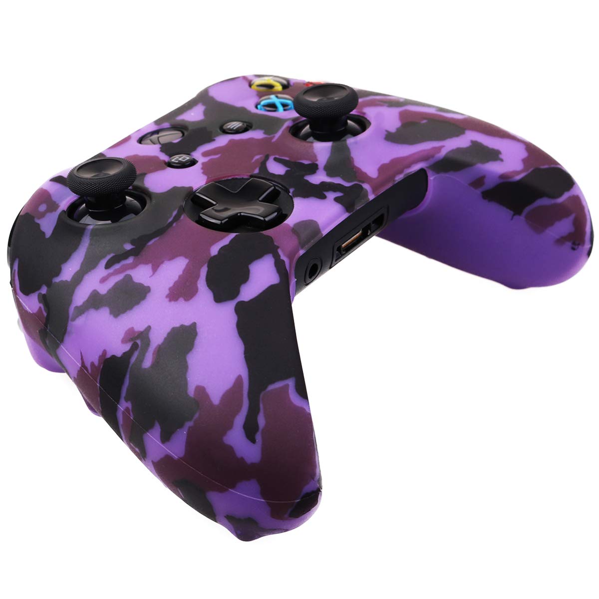 YoRHa Water Transfer Printing Camouflage Silicone Cover Skin Case for Microsoft Xbox One X & Xbox One S Controller x 2(Orange&Purple) with PRO Thumb Grips x 8