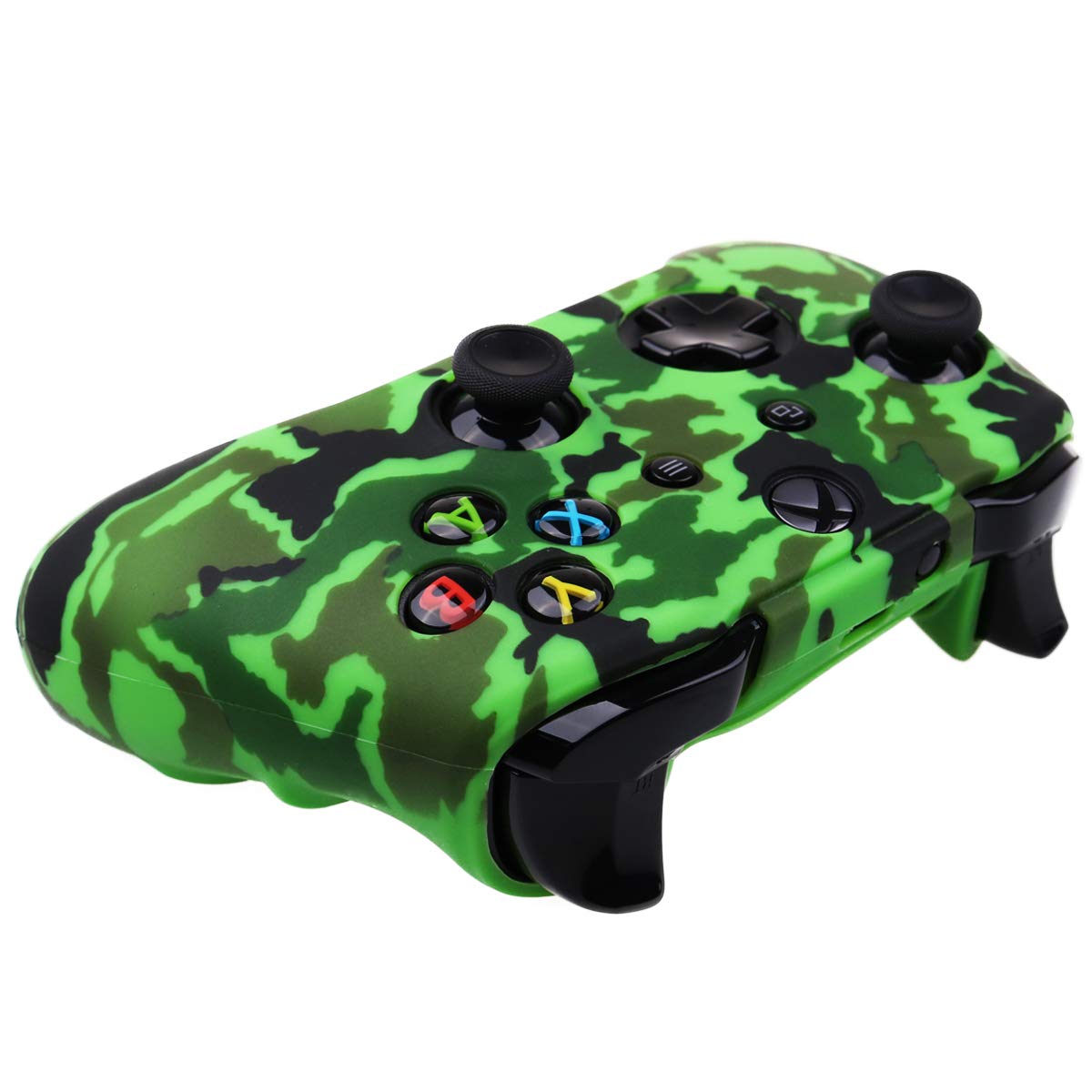 YoRHa Water Transfer Printing Camouflage Silicone Cover Skin Case for Microsoft Xbox One X & Xbox One S Controller x 2(Green&Dark Pink) with PRO Thumb Grips x 8