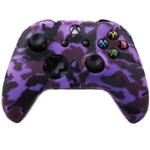 YoRHa Water Transfer Printing Camouflage Silicone Cover Skin Case for Microsoft Xbox One X & Xbox One S Controller x 2(Orange&Purple) with PRO Thumb Grips x 8