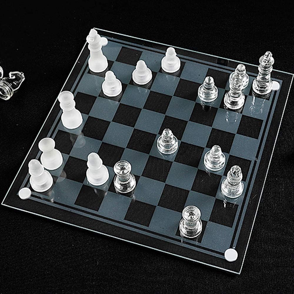 10"*10" Glass Chess Set Frosted and Clear Pieces Felted Bottom for Adult and Teens（Gift for Game Education）