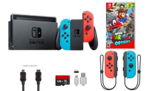 nintendo switch bundle (6 items): 32gb console neon red blue joy-con, game disc super mario odyssey, extra pair of joy-con red and blue,128gb micro sd card, type c cable, hdmi cable