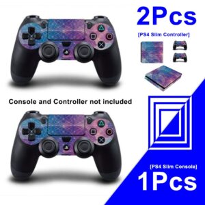 eSeeking Whole Body Vinyl Skin Sticker Decal Cover For PS4 Slim Console and 2PCS Controller Blue and Purple Geometric Grid and Circular