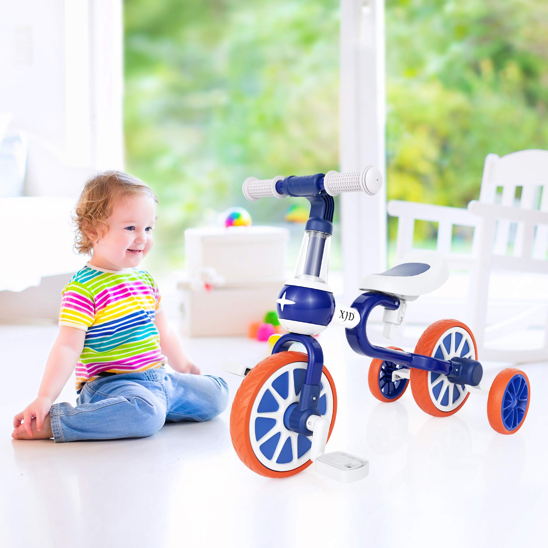 XJD 3 in 1 Kids Tricycles for 12 Month to 3 Years Old Toddler Bike Kids Trike Boys Girls Trikes for Toddler Tricycles Baby Bike Infant Trike with Adjustable Seat Height and Removable Pedal (Blue)