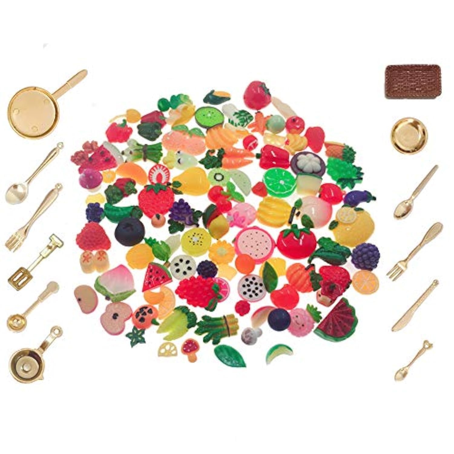 SIX VANKA Miniature Food 112pcs Mixed Resin Fruit & Vegetable Kitchenware Tableware Set for Children Birthday Party Pretend Play Kitchen Toy Doll House DIY Art Decoration