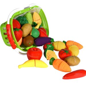 Playkidz: Fruit and Vegetables Basket Pretend Play Kitchen Food Educational Playset with Toy Knife, Cutting Board (32 Pieces of Food Toys)