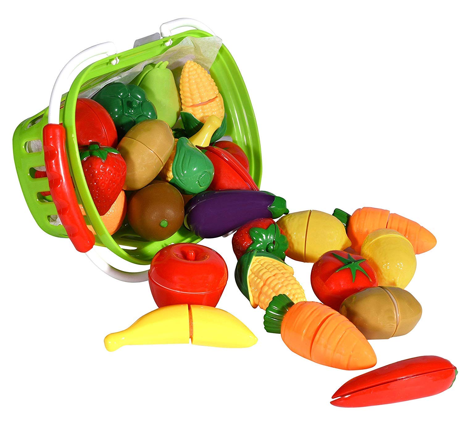 Playkidz: Fruit and Vegetables Basket Pretend Play Kitchen Food Educational Playset with Toy Knife, Cutting Board (32 Pieces of Food Toys)