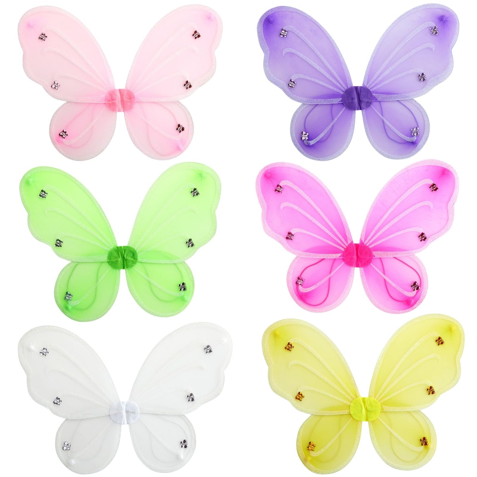 BLUE PANDA 6-Pack Fairy Wings for Girls, Butterfly Wings for Girls with Rhinestone Embellishments, Costume Fairy Wings Party Pack for Dress-Up, Halloween, and Imaginative Play (6 Vibrant Colors)