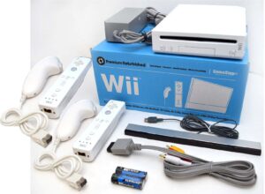 nintendo wii video game system 2-remote, 2-nunchuk bundle rvl-001 gamecube family console white