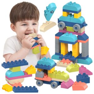 building block sets for kids, 77pcs silicone stacking blocks stem toy set for toddlers, multi-colored soft and chewable construction toys,early learning building teething toys for baby(traffic series)