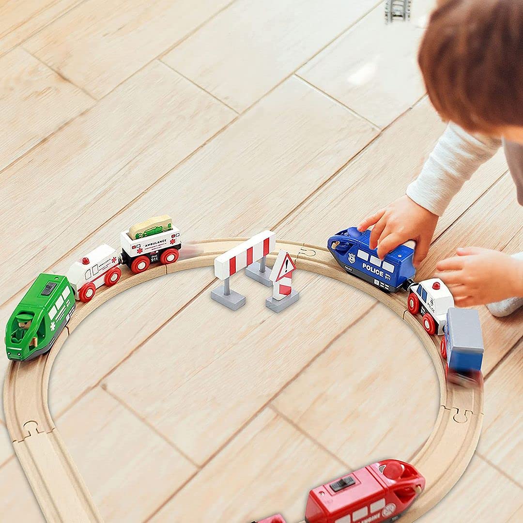 On Track USA Wooden Train Set for Toddlers Battery Operated Action Rescue Trains with 3 Magnetic Motorized Engines and 6 Cars, Compatible with Thomas, Brio, Melissa and Doug