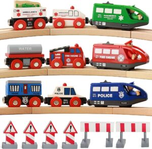 on track usa wooden train set for toddlers battery operated action rescue trains with 3 magnetic motorized engines and 6 cars, compatible with thomas, brio, melissa and doug