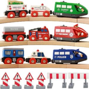 On Track USA Wooden Train Set for Toddlers Battery Operated Action Rescue Trains with 3 Magnetic Motorized Engines and 6 Cars, Compatible with Thomas, Brio, Melissa and Doug