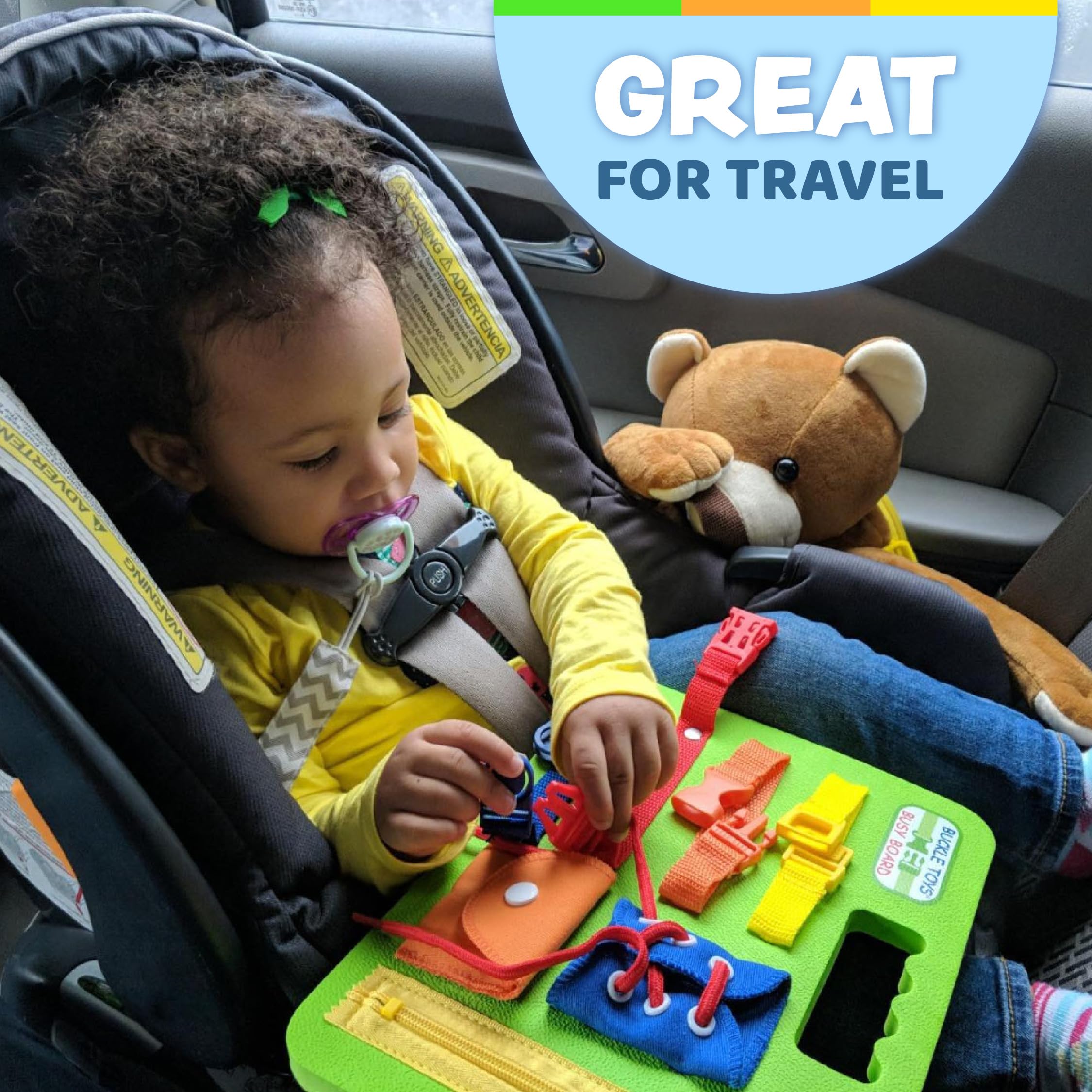 Buckle Toys Busy Board - Montessori Learning Toy for Toddlers Road Trip Essentials - Foam Sensory Board - Develop Fine Motor Skills - Green