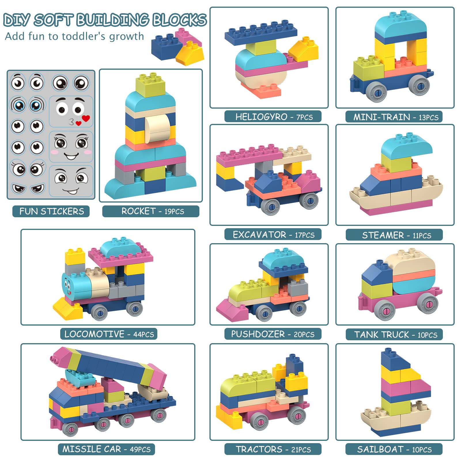 Building Block Sets for Kids, 77PCS Silicone Stacking Blocks STEM Toy Set for Toddlers, Multi-Colored Soft and Chewable Construction Toys,Early Learning Building Teething Toys for Baby(Traffic Series)