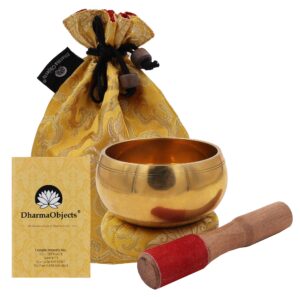 dharmaobjects medium ~ tibetan om mani singing bowl set ~ with mallet, brocade cushion & carry bag ~ for meditation, chakra healing, prayer, yoga (yellow)