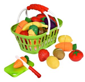 playkidz: fruit and vegetables basket pretend play kitchen food educational playset with toy knife, cutting board (32 pieces of food toys)