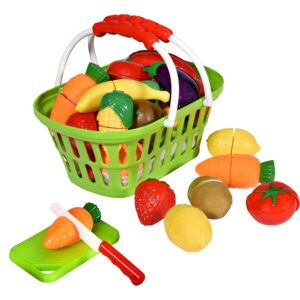 Playkidz: Fruit and Vegetables Basket Pretend Play Kitchen Food Educational Playset with Toy Knife, Cutting Board (32 Pieces of Food Toys)