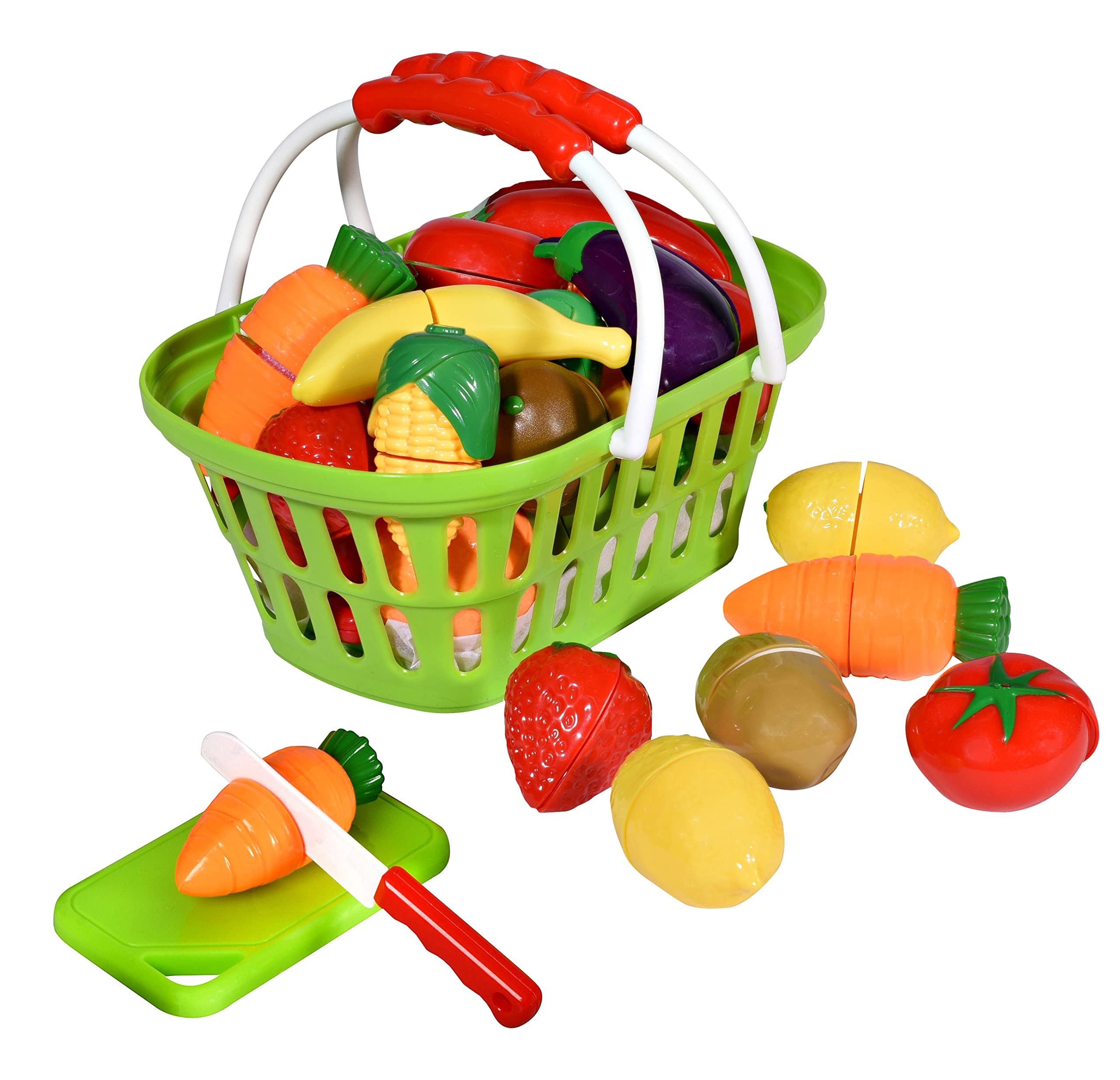 Playkidz: Fruit and Vegetables Basket Pretend Play Kitchen Food Educational Playset with Toy Knife, Cutting Board (32 Pieces of Food Toys)