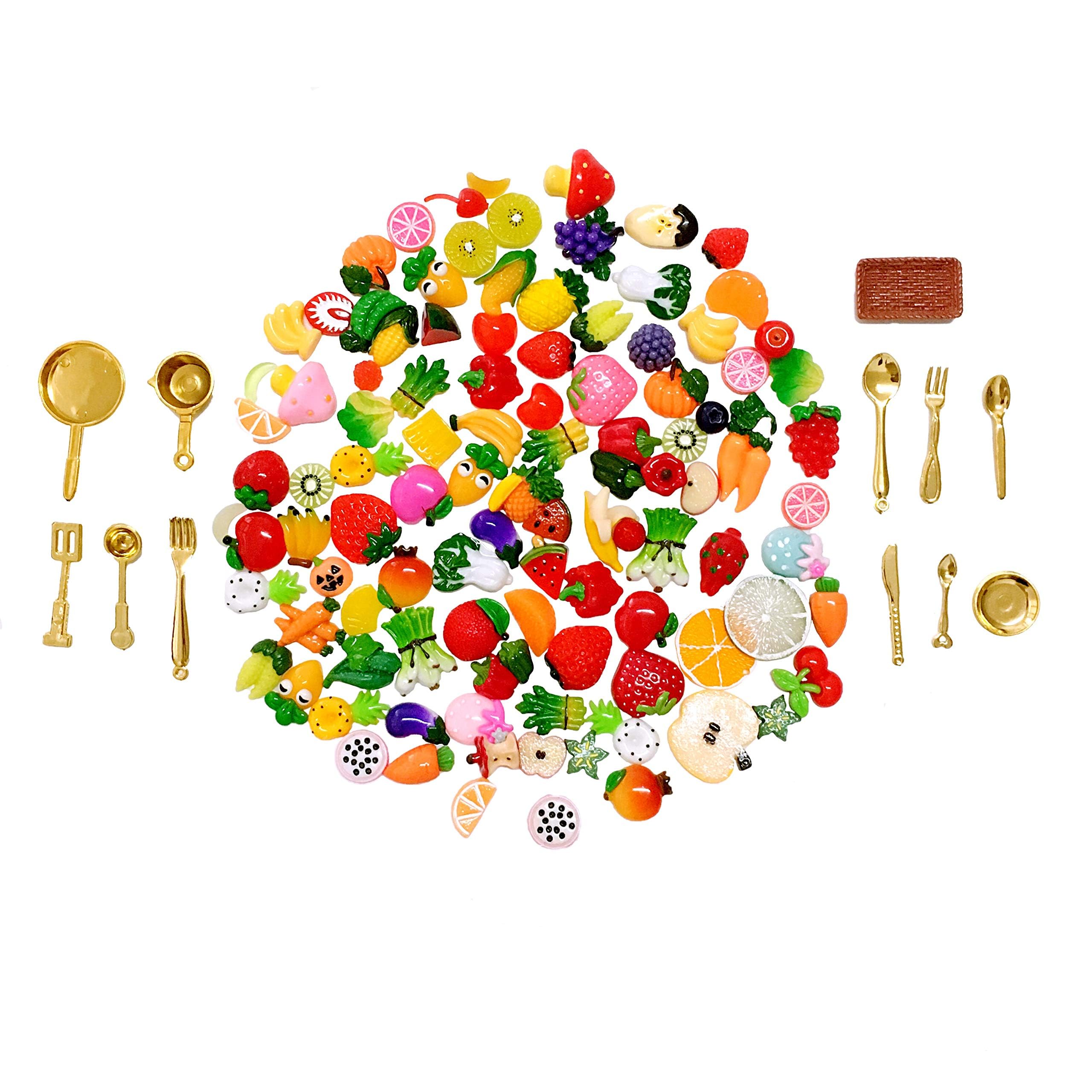 SIX VANKA Miniature Food 112pcs Mixed Resin Fruit & Vegetable Kitchenware Tableware Set for Children Birthday Party Pretend Play Kitchen Toy Doll House DIY Art Decoration