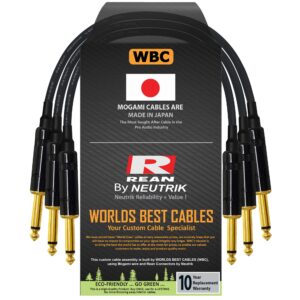 worlds best cables 3 units - 9 inch -pedal, effects, patch, guitar instrument cable custom made made using mogami 2319 wire and neutrik-rean nys224bg gold ¼ inch (6.35mm) ts plugs