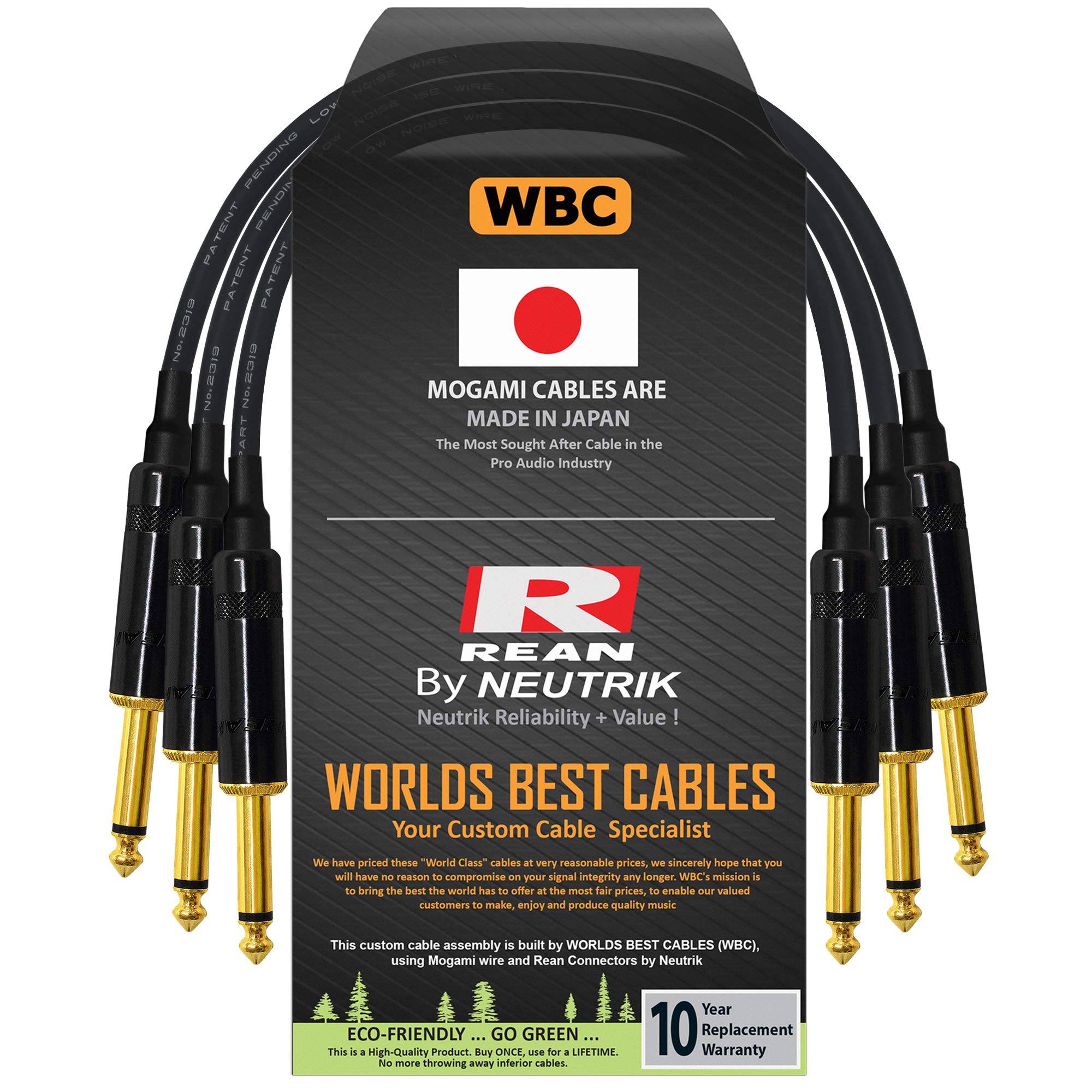 WORLDS BEST CABLES 3 Units - 9 Inch -Pedal, Effects, Patch, Guitar Instrument Cable Custom Made Made Using Mogami 2319 Wire and Neutrik-Rean NYS224BG Gold ¼ inch (6.35mm) TS Plugs