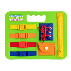 buckle toys busy board - montessori learning toy for toddlers road trip essentials - foam sensory board - develop fine motor skills - green