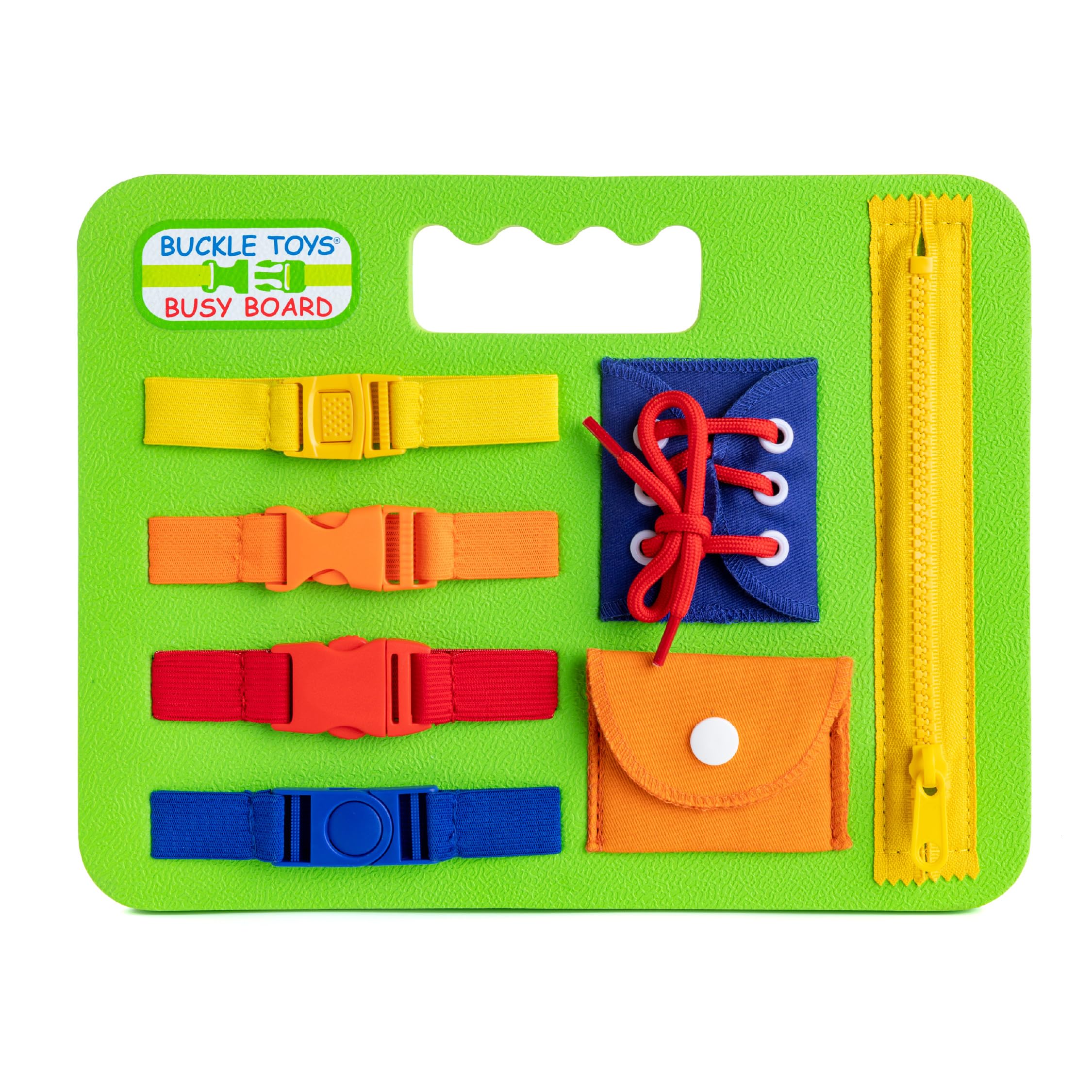 Buckle Toys Busy Board - Montessori Learning Toy for Toddlers Road Trip Essentials - Foam Sensory Board - Develop Fine Motor Skills - Green