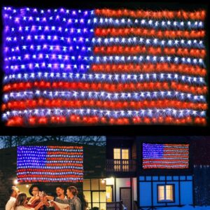 puhong (new) american flag lights, 420 led usa flag net lights, outdoor waterproof patriotic ornaments for independence day national day july 4th memorial day christmas new year party yard decoration