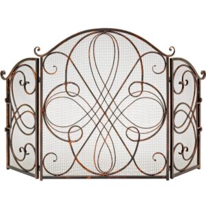 best choice products 3-panel 55x33in solid wrought iron see-through metal fireplace screen, spark guard safety protector w/decorative scroll - copper