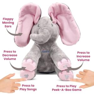 Dimple Peek A Boo Elephant Toy, Interactive Singing Stuffed Elephant Plush with Moving Ears, Musical Stuffed Animal for Babies and Toddlers, Adorable Elephant Baby Toy