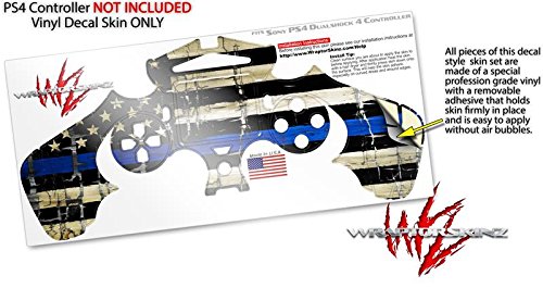 WraptorSkinz Skin Compatible with Sony PS4 Dualshock Controller PlayStation 4 Original Slim and Pro Painted Faded Cracked Blue Line Stripe USA American Flag (Controller NOT Included)