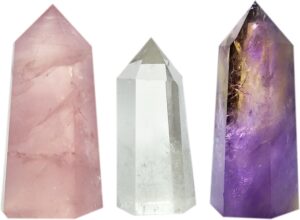 mina heal healing crystal wands point faceted prism bars for reiki chakra meditation therapy home decoration set of 3 (rose quartz, clear quartz & amethyst)