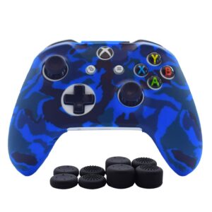 hikfly silicone gel controller cover skin protector kits for xbox one controller video games(1 x controller camouflage cover with 8 x thumb grip caps)(blue)