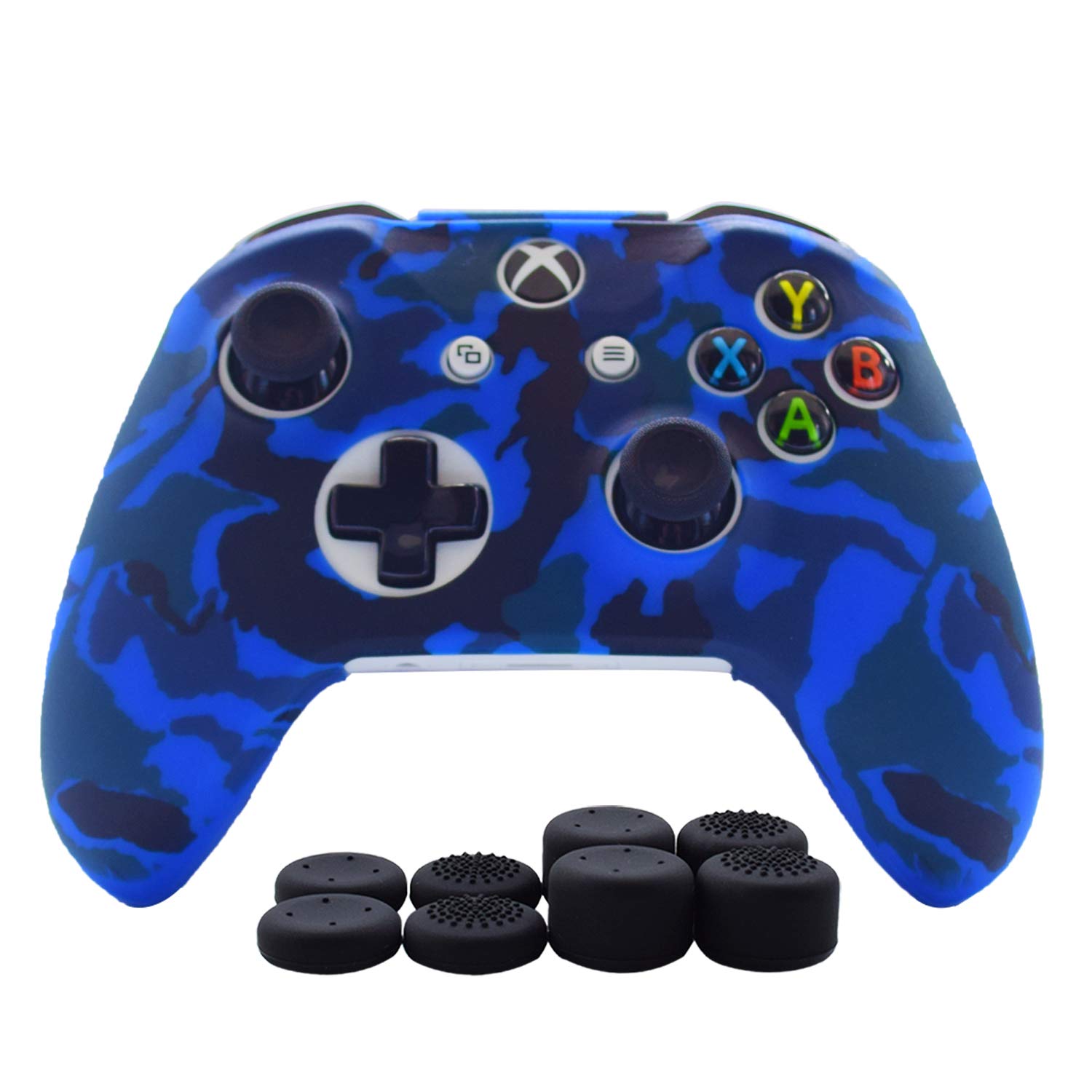 Hikfly Silicone Gel Controller Cover Skin Protector Kits for Xbox One Controller Video Games(1 x Controller Camouflage cover with 8 x Thumb Grip Caps)(Blue)