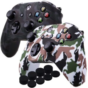 yorha water transfer printing camouflage silicone cover skin case for microsoft xbox one x & xbox one s controller x 2(grey&white) with pro thumb grips x 8