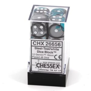 Chessex DND Dice Set D&D Dice-16mm Gemini Steel, Teal, and White Plastic Polyhedral Dice Set-Dungeons and Dragons Dice Includes 12 Dice – D6 (CHX26656)