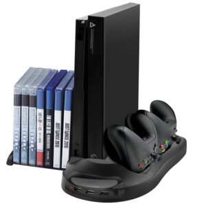 puroma vertical stand only for xbox one x cooling fan with controller charger charging station game discs storage and 3 usb ports