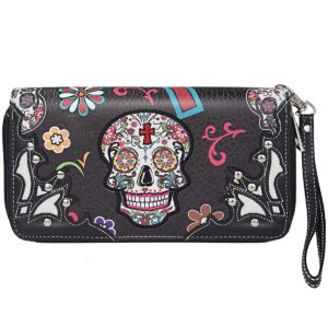 sugar skull wallet pu leather western wristlet wallet (black sugar skull)