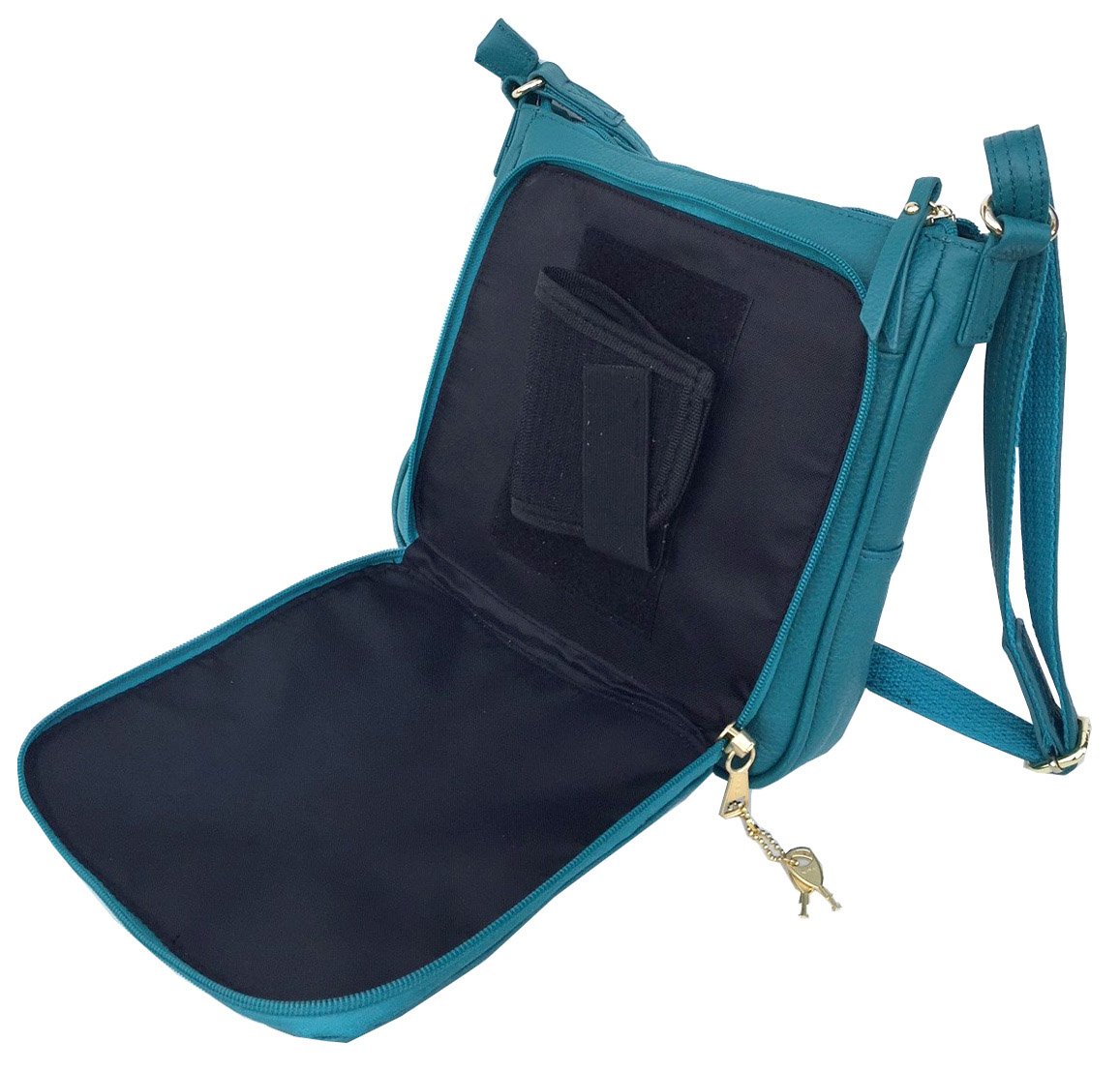 Leather Locking Concealment Crossbody Purse - CCW Concealed Carry Gun Bag, Turquoise, Size: 9.5 in. X 9.5 in. X 3 in.