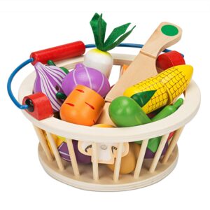 victostar magnetic wooden cutting fruits vegetables food play toy set with basket for kids