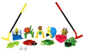 party hurray children golf set, w/golf clubs, practice holes, floral/animal obstacles, golf balls