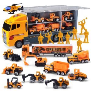 joyin 19 in 1 die-cast construction toy truck with little figures, mini construction vehicles in big carrier truck, patrol rescue helicopter for boys 3-9 years old, kids value birthday easter gifts