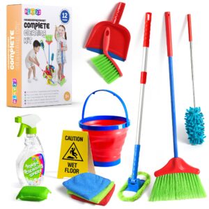 play22 kids cleaning set 12 piece - toy cleaning set includes broom, mop, brush, dust pan, duster, sponge, clothes, spray, bucket, caution sign, - toy kitchen toddler cleaning set - original