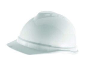 msa (mine safety appliances) 10034027 white v-gard 500 polyethylene cap style hard hat with fas trac 6 point ratchet suspension, english, 273.2054 fl. oz., plastic, 1" x 1" x 1"