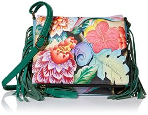 anna by anuschka women's genuine leather flap-over cross body | hand painted original artwork | whimsical garden