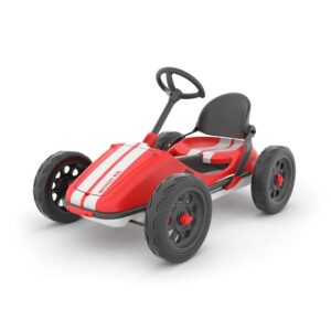 chillafish monzi rs: pedal go-kart for kids 3-7 years, folds down for easy storage and adjustable seat without tools, airless no-puncture rubberskin tires, and wall mount for easy storage, red