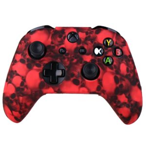 YoRHa Water Transfer Printing Skull Silicone Cover Skin Case for Microsoft Xbox One X & Xbox One S Controller x 1(red) with PRO Thumb Grips x 8